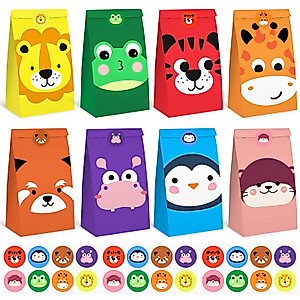 VGOODALL 24PCS Animal Party Favor Bags, Goodie Bags with Stickers Paper Gift Bags Candy Treat Bags for Kids Birthday Party Supplies