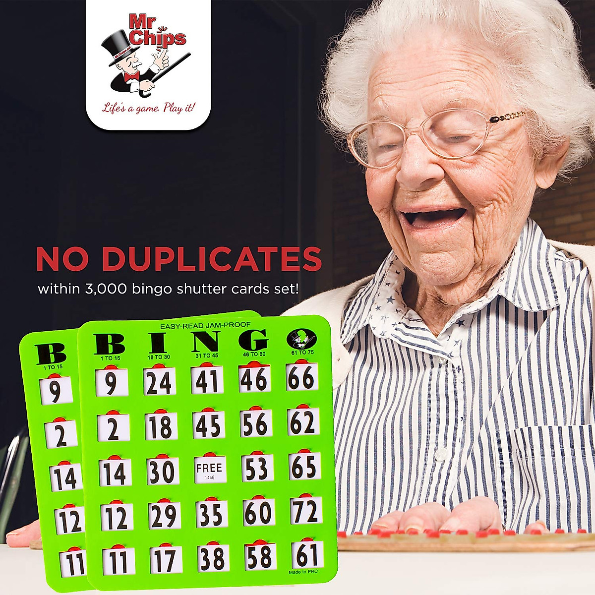 MR CHIPS 50 Easy Read Shutter Slide Bingo Cards with Cage, Everlasting Balls and Master Board