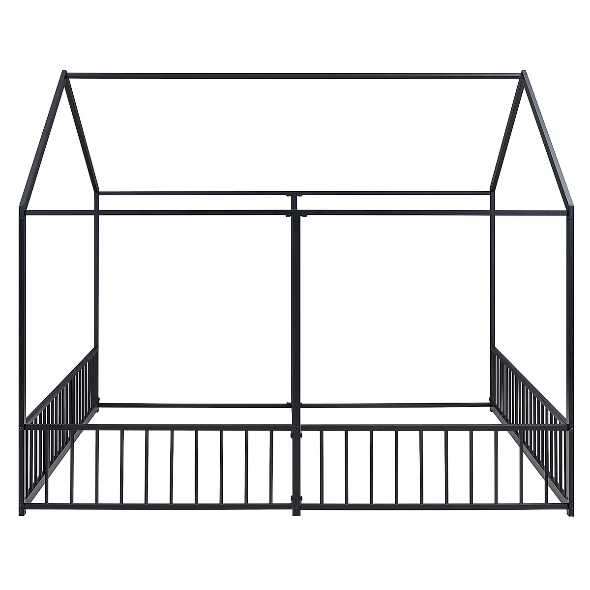 Double Floor Bed for Twins,Twin Size House Bed for 2 Kids,Two Shared Beds,Twin House Platform Beds,Metal Floor Bed Frame with Rails for Girls,Boys(Black)