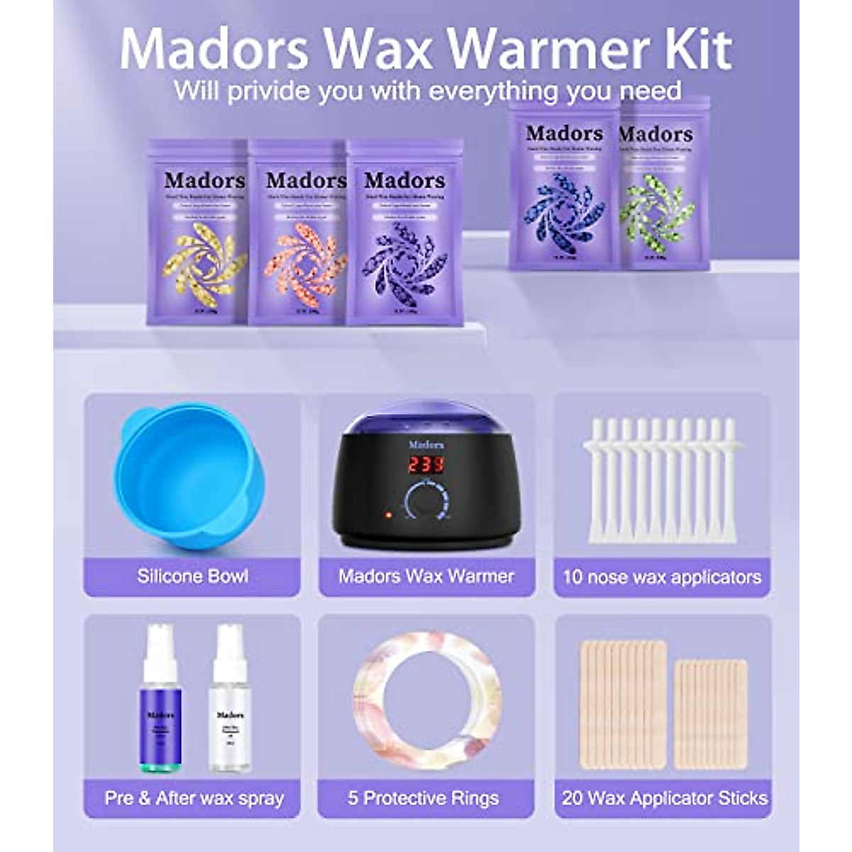 Madors Waxing Kit with LCD Digital Display Temperature Control, Wax Warmer with 5 Pack (3.5 oz. each) Hard Wax Beads for Full Body