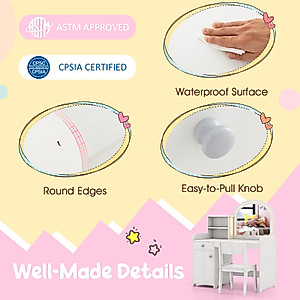 Costzon Kids Vanity with Lights, 2 in 1 Princess Makeup Desk & Chair Set with Lighted Mirror, Drawer, Storage Shelves & Cabinet, Toddler Dressing Table, Pretend Play Vanity Set for Little Girls, White