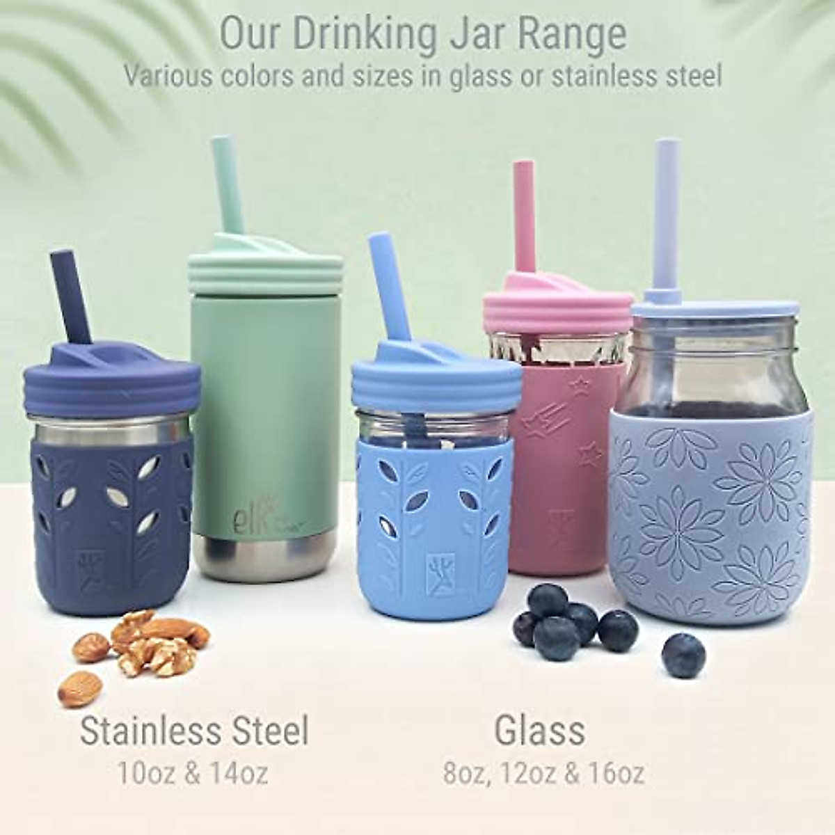Elk and Friends Kids & Toddler Cups | The Original Glass Mason jars 8 oz with Silicone Straws with Stoppers | Smoothie Cups | Spill Proof Sippy Cups for Toddlers