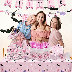 MEHOFOND Pink Halloween Baby Shower Decorations for Girl, Little Boo Disposable Dinnerware with Banner, Ghost Bat Pumpkin Baby Shower Plates and Napkins Set, Paper Plates Cups Party Supplies, Serve 24