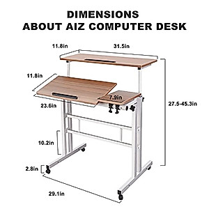 AIZ Adjustable Rolling Desk Cart on Wheels Home Office Computer Workstation, Portable Laptop Tall Table for Standing or Sitting, Oak