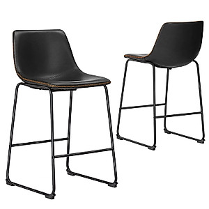 Bar Stools Set of 2, Counter Height Bar Stools with Back, 26 inch Armless Industrial Faux Leather Barstools with Metal Legs and Footrest, Modern Dining Chairs for Home Kitchen Island, Black