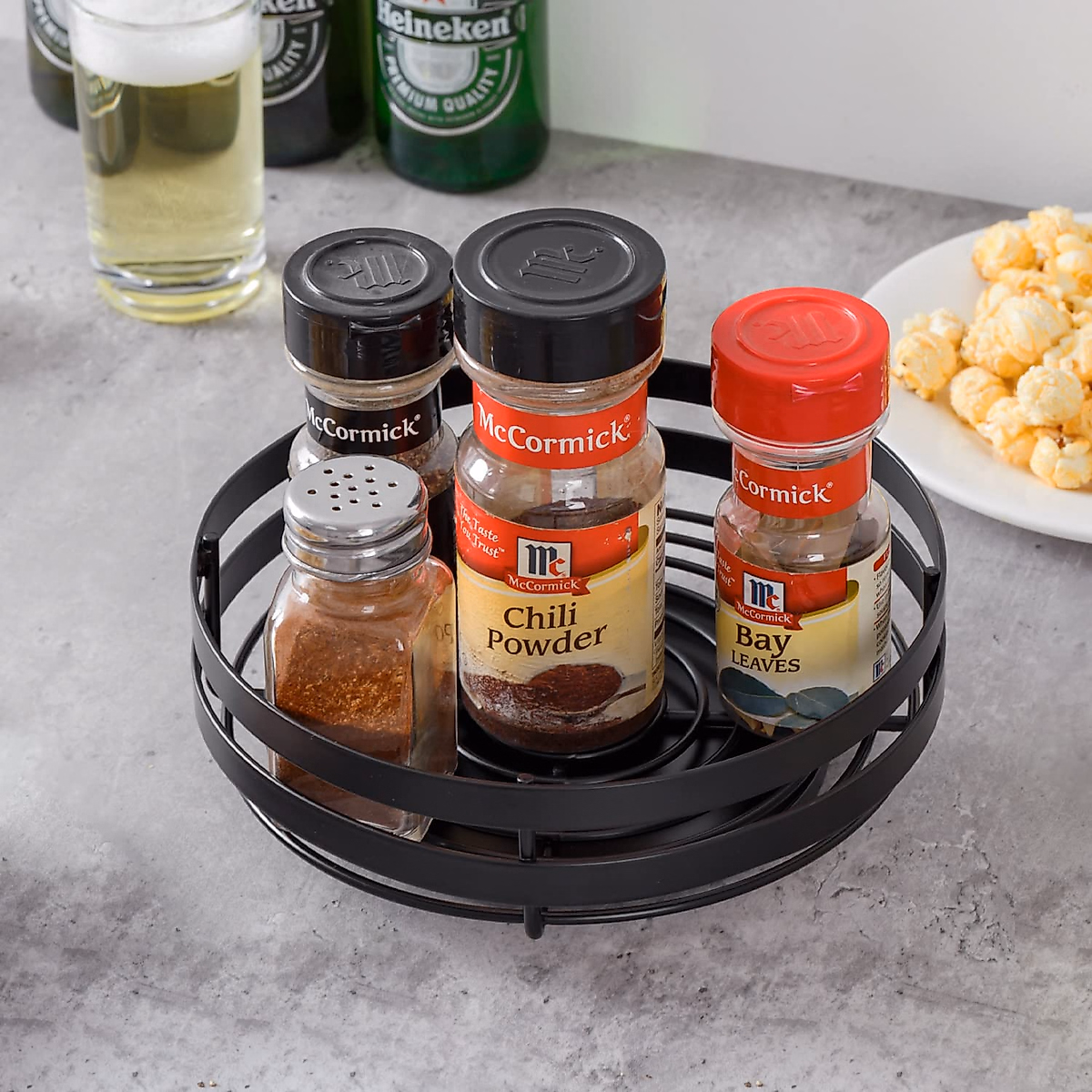 MyGift Modern Matte Black Metal Tabletop Lazy Susan Spice Rack Round Turntable Tray, Seasoning and Condiment Holder Spinning Rack