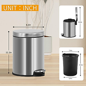 BLKMTY Trash Can Bathroom Trash Bin with Lid Waste Bin 6 L/1.6 Gallon Stainless Steel Garbage Can Round Portable Garbage Bin for Bathroom Office Bedroom Rubbish Bin Step-Open, Silver (2 Pack)