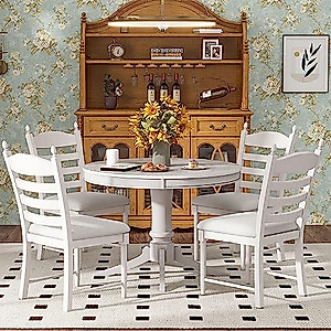 FIQHOME Set, 5-Piece Retro Functional, Wood Round Extendable Table and 4 Upholstered Chairs for Kitchen, Dining Room, Farmhouse,Antique White