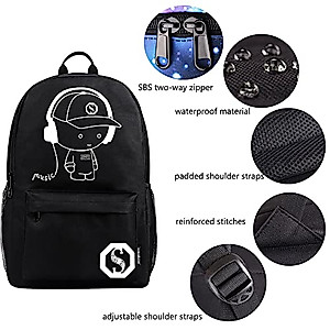 Lmeison Boys Backpack for School, Anime Cartoon Luminous Backpack with Lunch Box Pencil Case, Waterproof School Bookbag for Teen Girls, Laptop Backpack for Middle School High School, College, Black