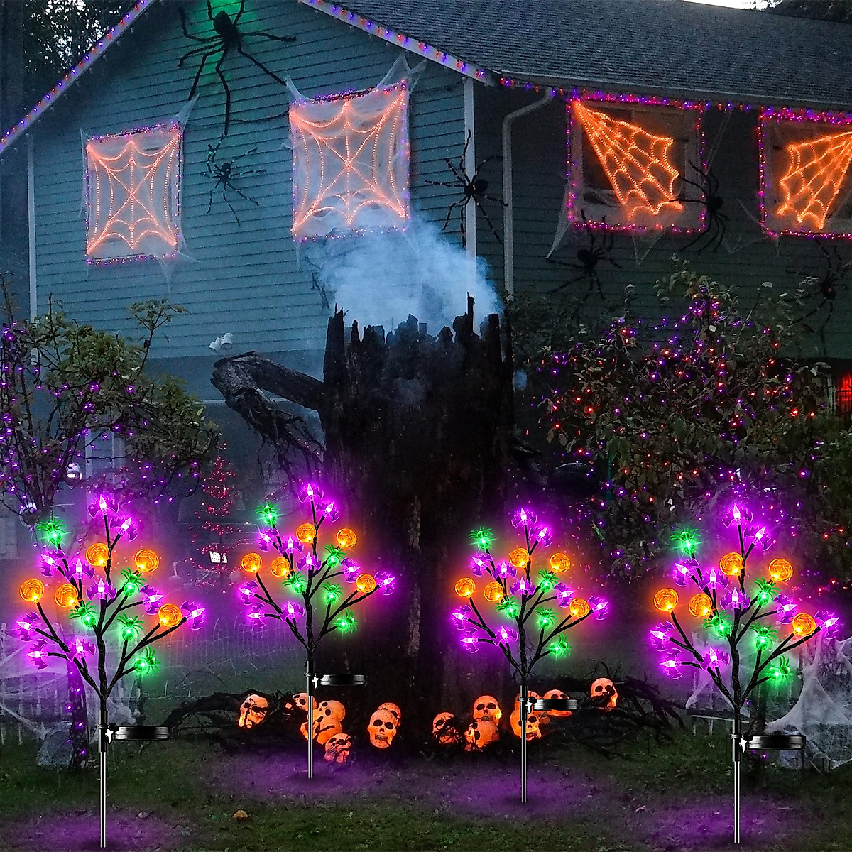 Halloween Decorations Outdoor Solar Lights, 2 Pack Halloween Lights Outdoor Solar Lights Waterproof with 20 LED Bats Spiders Pumpkin Lights, 2 Lighting Modes Solar Pathway Lights for Halloween Decor