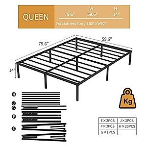 NEW JETO Metal Bed Frame-Simple and Atmospheric Platform, Storage Space Under The Heavy Duty Frame Bed, Durable Queen Size Suitable for Bedroom
