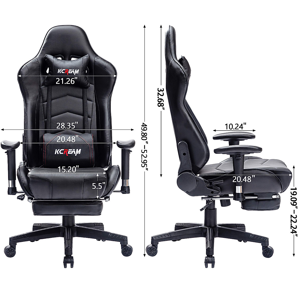 KCREAM Gaming Chair with Footrest Adults Gamer Chair High Back PU Leather Gaming Computer Chair Large Racing Game Chair, with Adjustable Armrests and Massage Lumbar Support (Black)
