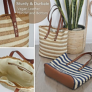 HOXIS Stripe Woven Straw Tote Women Beach Bag Vegan Shoulder Handbag (Brown)