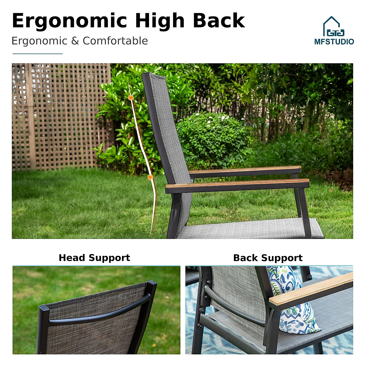 MFSTUDIO Outdoor Patio Dining Chairs, 2 PCS Aluminum Patio Dining Sling Chair, Patio Chairs with Wood-Like Armrest & Wider Seat for Deck Backyard Garden, Grey