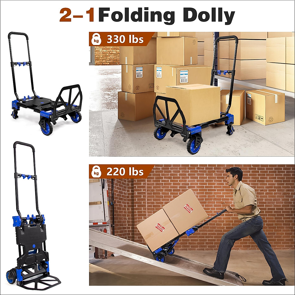 2 in 1 Hand Truck Dolly Foldable with Basket,Hand Truck Foldable with Retractable Handle,330LBS Capacity Folding Hand Cart,Dolly Cart with Wheels,Portable Dolly Hand Truck for Moving