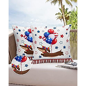 Vandarllin Outdoor Throw Pillows Covers 18X18 Set of 2 Waterproof American Flag Decorative Zippered Lumbar Cushion Covers for Patio Furniture, Stripes Sausage Dog