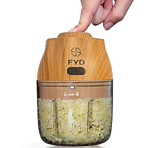 FYD Electric Garlic Chopper, Portable Onion Chopper - Spice Grinder Electric with Type C Charge Port - Veggie Chopper for Chili Ginger Onion Vegetable Fruit and Nuts - 250ML (Light Wood)