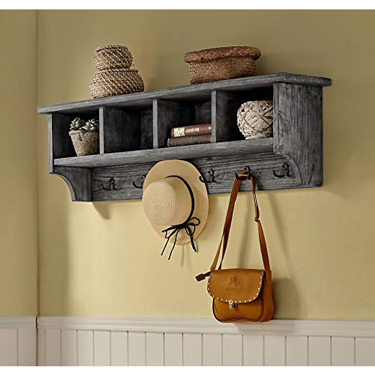 Sonoma 48" Metal and Reclaimed Wood Entryway Coat Hook with Storage Cubbies, Slate Gray