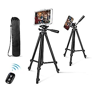 Aureday Phone Tripod, 50” Extendable Adjustable Smartphone & Tablet Tripod Stand with Phone Holder Mount & Remote, Compatible with Tablet/Cell Phone/Camera