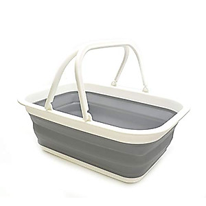 SAMMART 9.2L & 19L Collapsible Tub with Handle - Portable Outdoor Picnic Basket/Crater - Foldable Shopping Bag - 2 pieces (Grey & Lake Green)