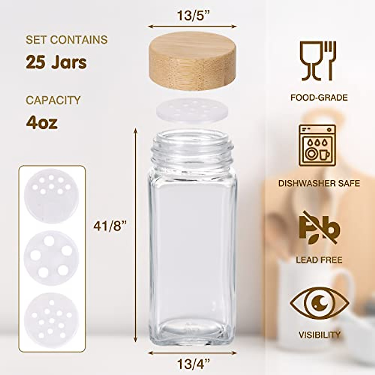 CUCUMI 25pcs Spice Jars with Labels 4oz Glass Spice Bottles with Bamboo Lids, Silicone Collapsible Funnel, Test Tube Brush and Chalk Marker, Seasoning Containers for Spice Rack, Cabinet and Drawer