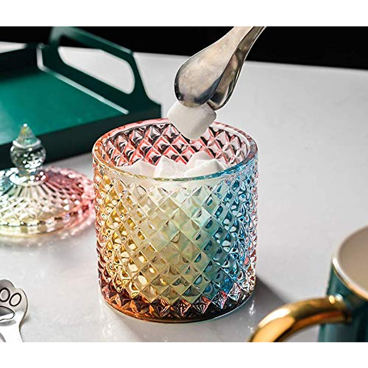 erioctry 300m/10oz Beautiful Crystal Glass Candy Dish with Lid Colorful Wedding Candy Box Sugar Bowl Tin Biscuit Barrel Decorative Jewelry Box