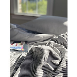 Get Bed Ready Stonewashed Cotton Bengal Pinstripe Chambray Duvet Cover Relaxed Minimal Classical Style Bedding Set Yarn Dyed Natural Classic Striped Pattern Small Banker Stripe (King, Dark Grey)