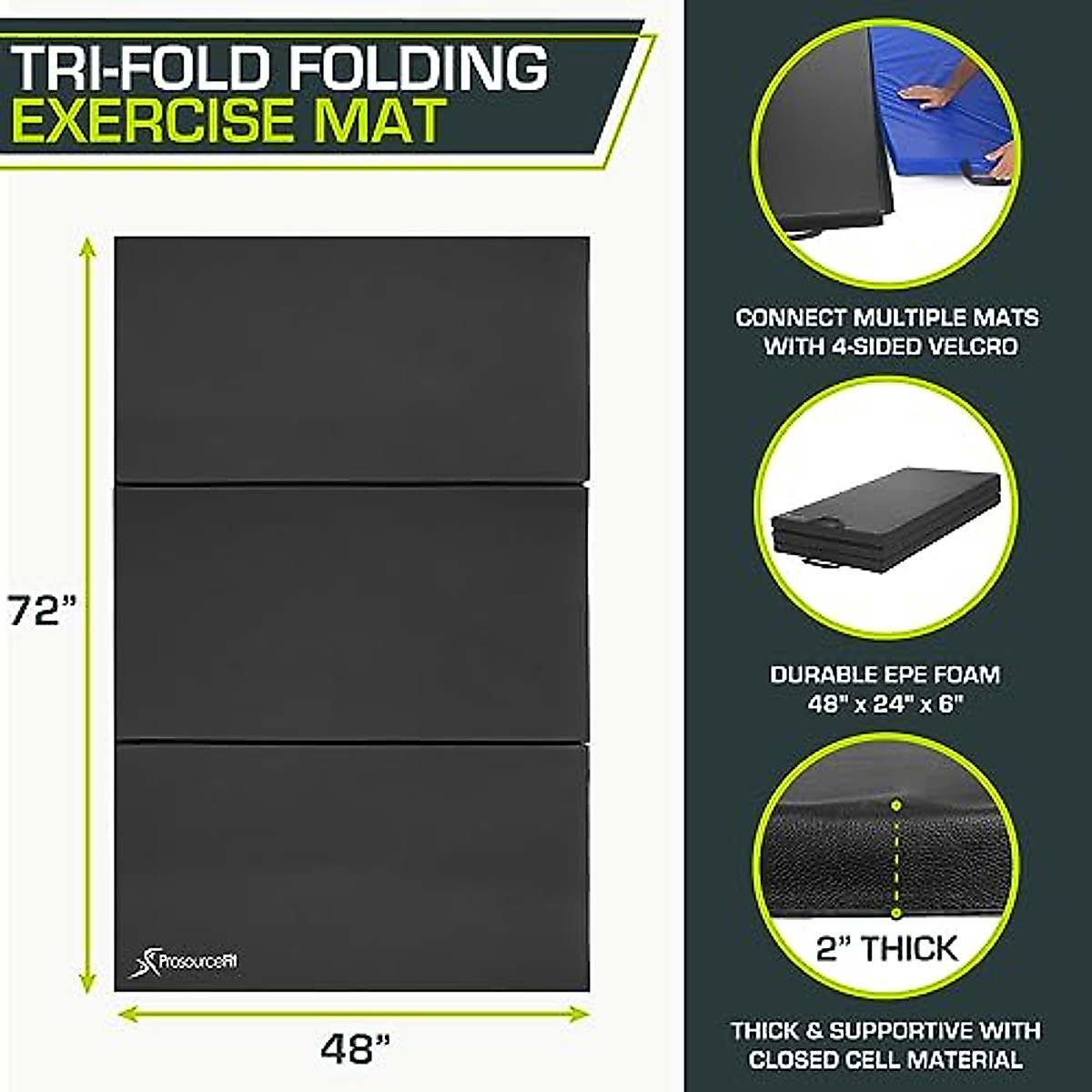 ProSource Tri-Fold Folding Thick Exercise Mat 6’x4’ with Carrying Handles for Tumbling, Martial Arts, Gymnastics, Stretching, Core Workouts, Black