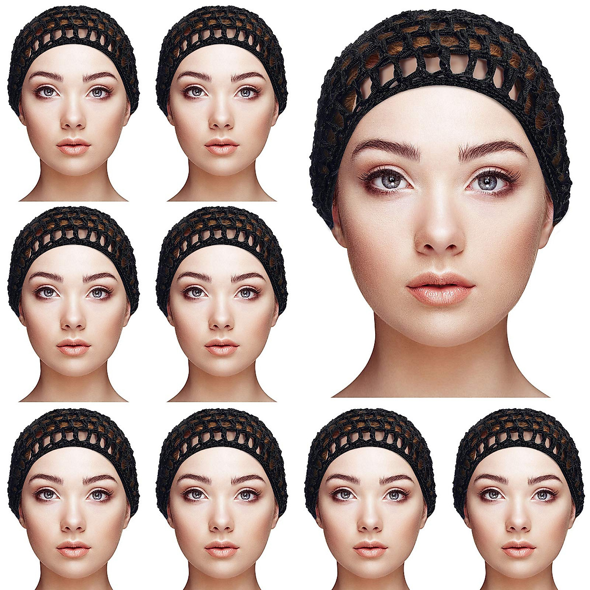 Geyoga 9 Pieces Mesh Crochet Hair Net Rayon Knit Snood Hat Thick Short Women Hairnet Snoods Cover Ornament for Sleeping (Black)