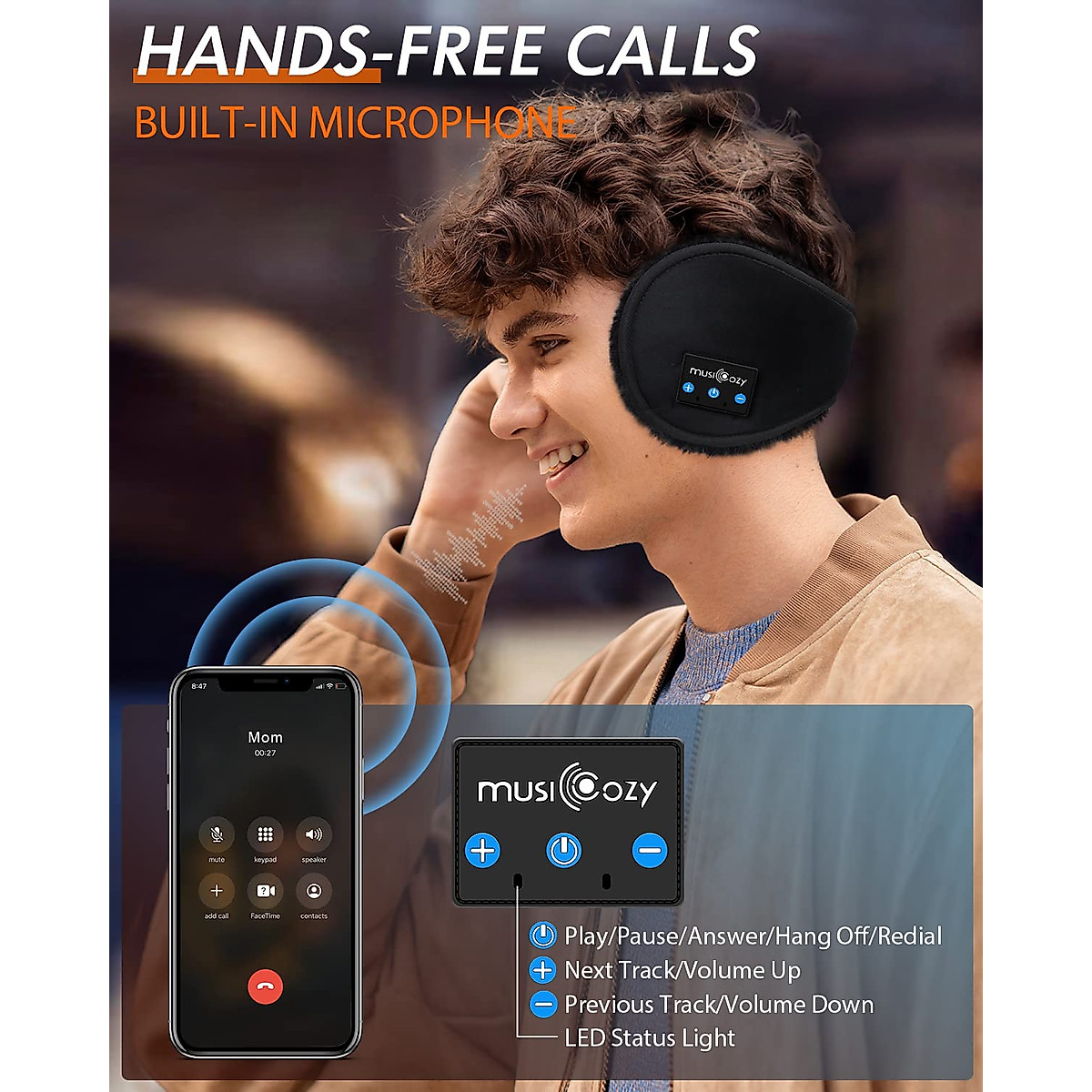 MUSICOZY Bluetooth Ear Muffs for Winter Women Men Kids Girls, Ear Warmers Wireless EarMuffs Headphones, Built-in HD Speakers and Microphone with Carry Bag for Biking Running Cool Tech Gadgets Gifts