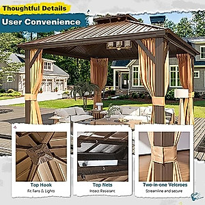 MELLCOM 12'x12' Hardtop Gazebo, Galvanized Steel Metal Double Roof Aluminum Gazebo with Curtain and Netting, Permanent Pavilion Gazebo for Patio, Lawn and Garden