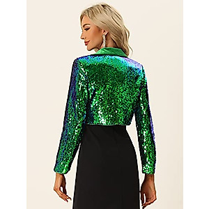 Allegra K Open Front Cardigan for Women's Notched Lapel Cropped Party Club Sparkly Sequin Blazer Medium Green