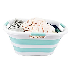 SAMMART 40L (10.5 gallon) Collapsible Plastic Laundry Basket - Foldable Pop Up Storage Container/Organizer - Portable Washing Tub - Space Saving Hamper/Basket (White/Lake Green)