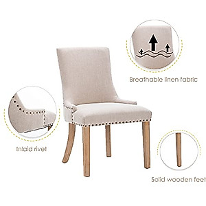 KCC Fabric Dining Chairs Set of 2 Upholstered Dining Room Chair with Solid Wood Legs,Modern Style Armless Chair with Nailhead Trim for Kitchen, Beige