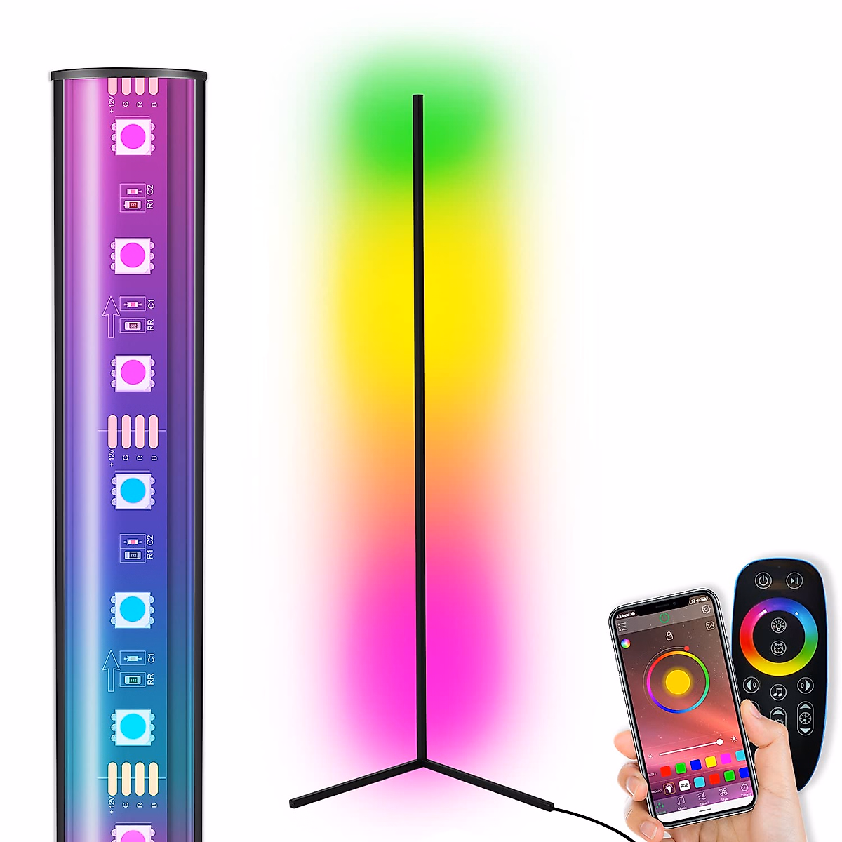 TACAHE Smart Corner Floor Lamp - Advanced Version, APP & Remote Control - Multi Lamp Pattern Sync - Transparent Lampshade with Ultra Brightness, Mood Light for Studio, Gaming Setup - 20W, Black
