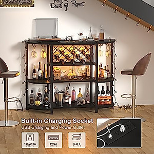 Unikito 4-Tier Metal Coffee Bar Cabinet with Outlet and LED Light, Freestanding Floor Bar Table for Liquor with Glass Holder and Wine Storage, Wine Table Bakers‘ Rack for Kitchen Dining Room, Black