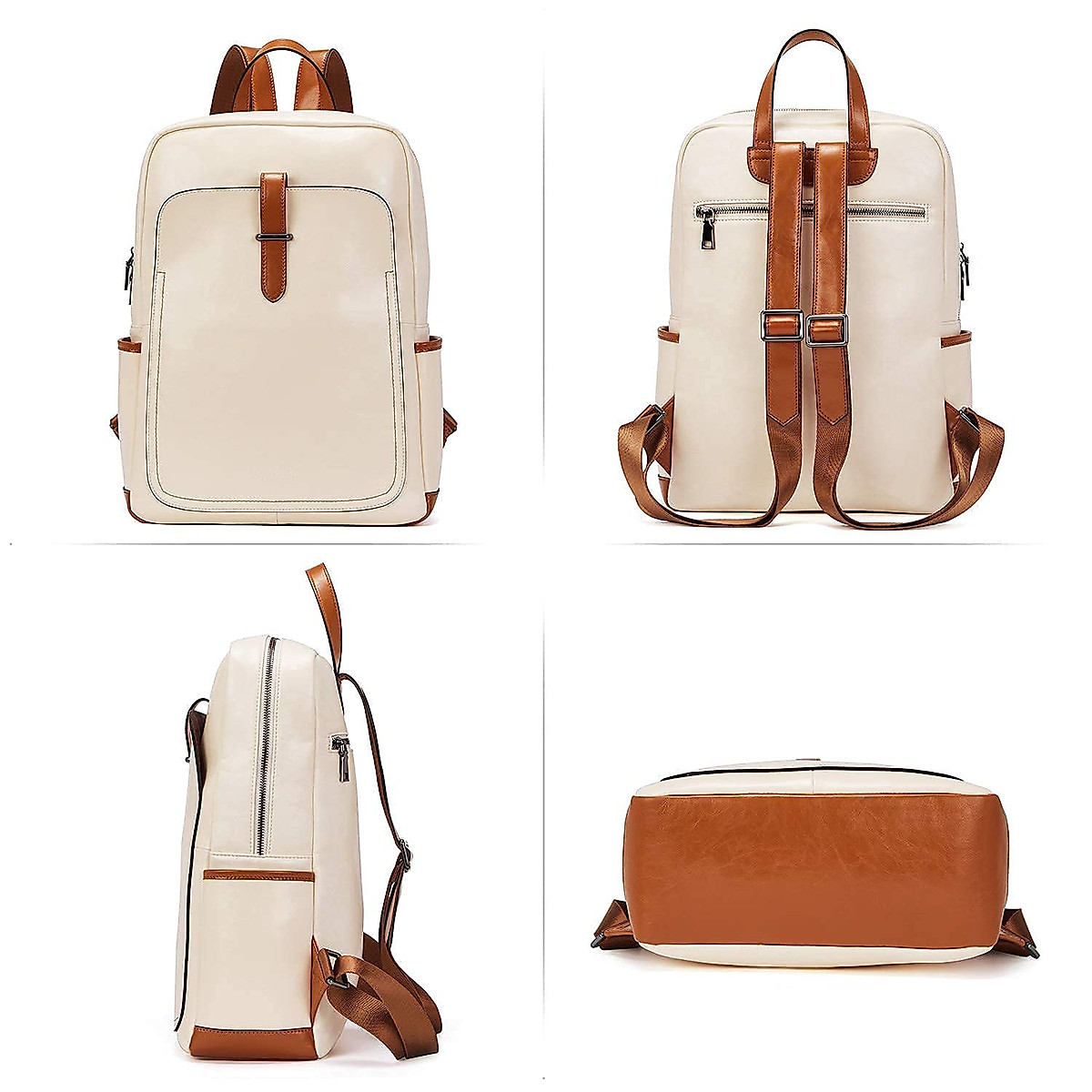 BOSTANTEN Leather Laptop Backpack Purse Casual College Casual Bags Daypack Beige-White and Women Leather Wallet RFID Blocking Small Bifold Zipper Pocket Wallet Card Case Purse with ID Window