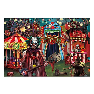 Funnytree 7x5ft Halloween Evil Circus Theme Backdrop for Photography Clown Creepy Carnival Haunted House Horror Scary Birthday Party Supplies Decorations Banner Home Decor Photo Booth Props Background