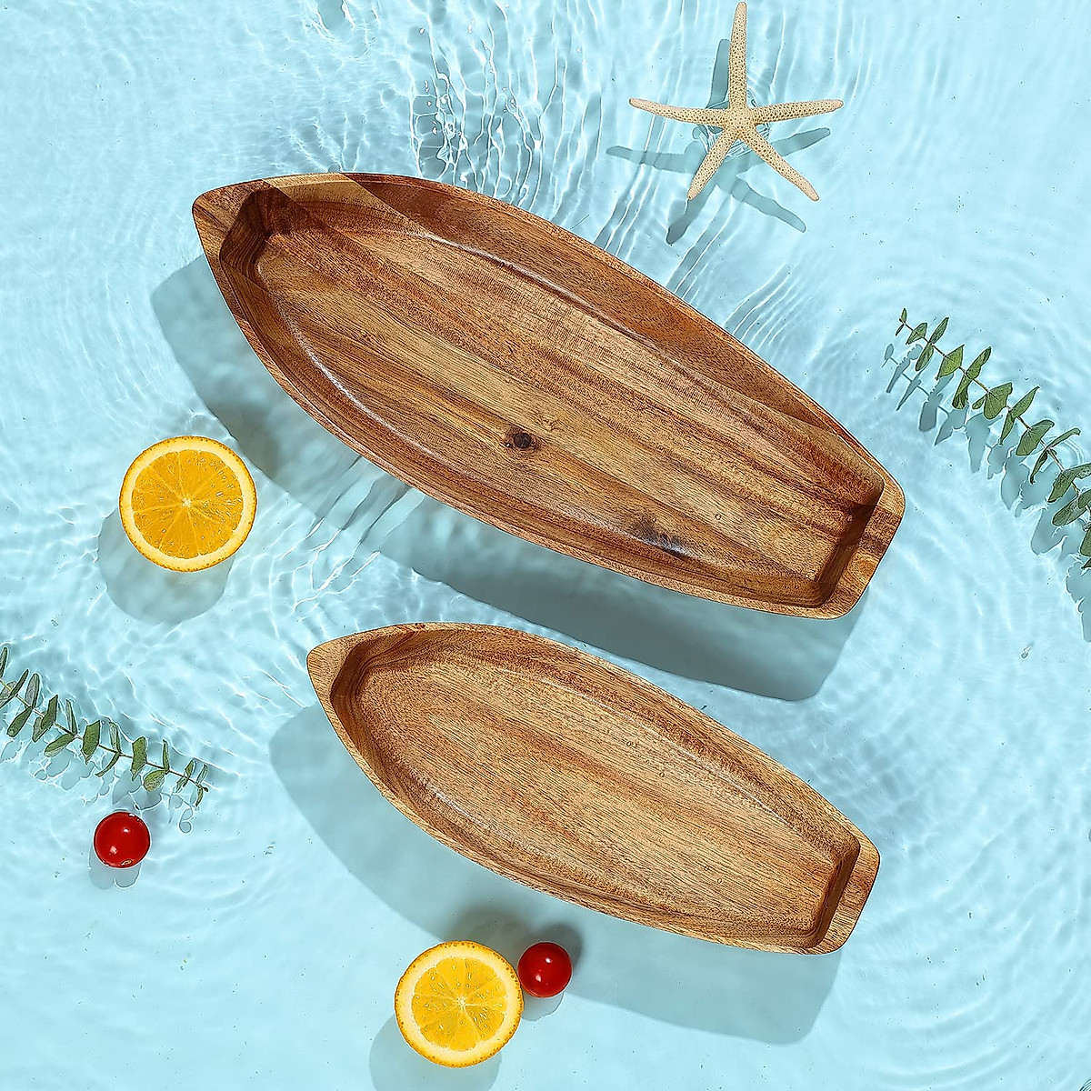 C-Joy Wood Decorative Wooden Tray, Nature Acacia Solid Wood Serving Bowls,for Desserts Fruits Salad or House Ornament, Functional and Collectible Furnishing Articles. (Lucky Boat (2 of Set))