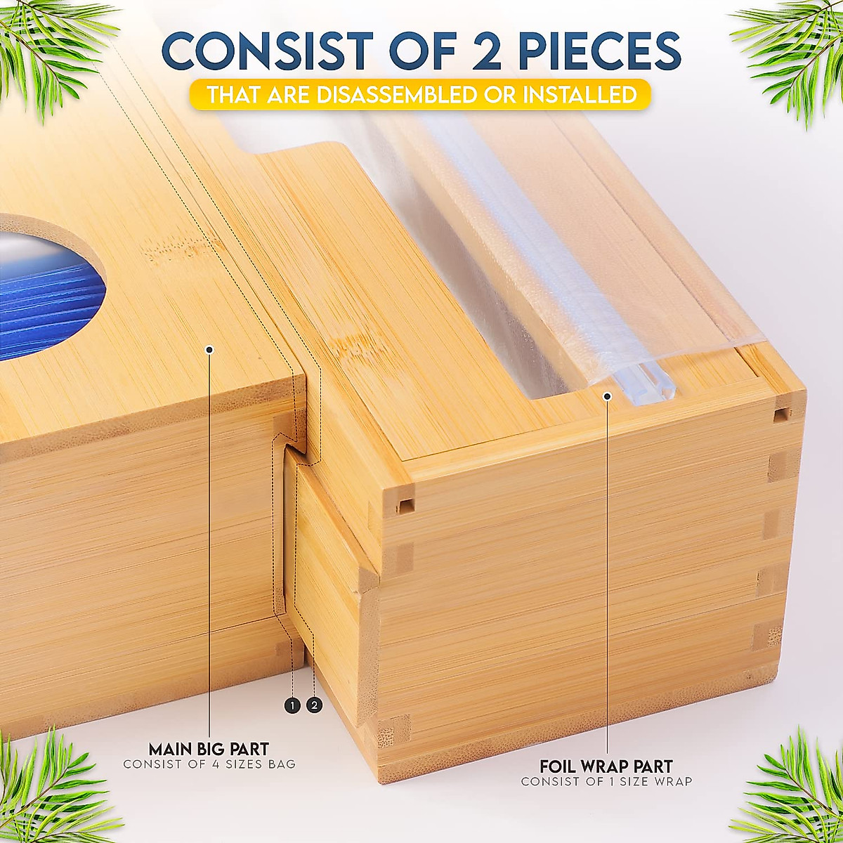 Wooden Ziplock Bag Organizer For drawer - Comes With Adjustable Foil or Plastic Wrap Dispenser With Cutter For Kitchen Drawer Organization and Storage - Zip Lock Bag Organizer Use in 1 or 2 Places