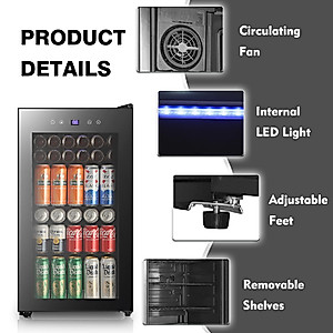 Saeoola Beverage Refrigerator and Cooler 3.4 Cu.ft Mini Fridge Glass Door,Digital Temperature Display for Soda,Beer or Wine for Home,Office or Bar with LED Light,Removable Shelves (Black)