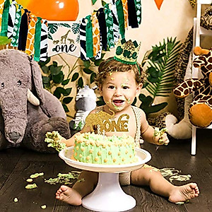 Baby 1st Birthday Party Decorations Supplies For Boy Girl Kids First Birthday Shower Jungle Safari Theme With Wild One Highchair Banner Crown Cake Topper Set of 3