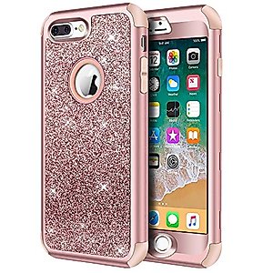 Hython iPhone 8 Plus Case, iPhone 7 Plus Case, Heavy Duty Defender Protective Case Bling Glitter Sparkle Hard Shell Armor Hybrid Shockproof Rubber Bumper Cover for iPhone 7 Plus and 8 Plus, Rose Gold