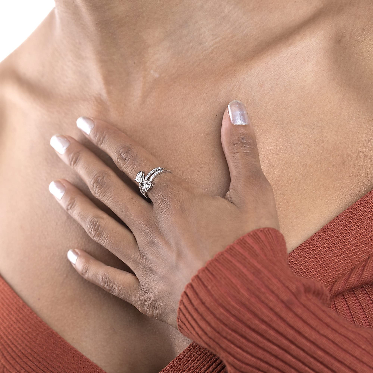 GEMISTRY Natural Classic Pear Gemstone Bypass Ring with White Topaz in 925 Solid Sterling Silver for Women | April Birthstone Jewelry Gift for Her