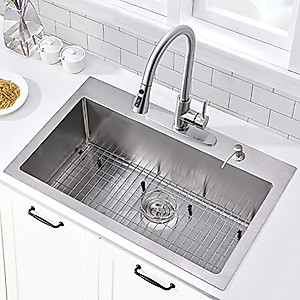 33-inch Drop In Kitchen Sink Stainless Steel -VOKIM 33 Inch Topmount Drop-in Single Bowl Handmade Stainless Steel 16 Gauge Kitchen Sink, With Dish Grid and Basket Strainer,Soap Dispenser