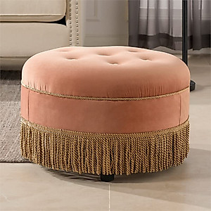 Jennifer Taylor Home Yolanda Upholstered Round Accent Ottoman, Peach Orange Velvet with Gold Trim