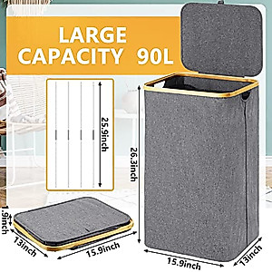 2 Pack X-Large Laundry Hamper with Lid Foldable Laundry Basket with Bamboo Handles Portable Clothes Basket with Removable Bag for Dorm Bedroom Bathroom Laundry Dirty Clothes Hamper (Gray, 90 L)