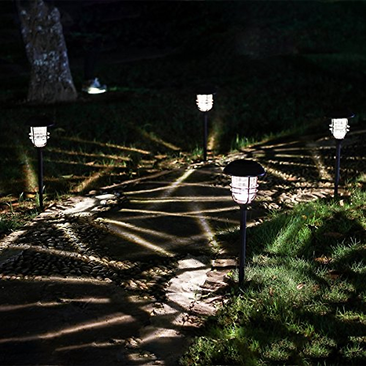 GIGALUMI Super Bright Solar Outdoor Lights 4 Pack, Waterproof Metal Automatic Path Lights with Glass Stainless Steel, Solar Yard Lights Decorative for Path, Garden, Lawn, Patio and Walkway