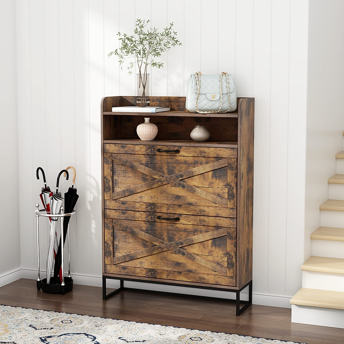 Gyfimioe Rattan Shoe Cabinet with 2 Flip Drawers, Slim Shoe Storage Cabinet for Entryway Freestanding Shoe Organizer Narrow Farmhouse Shoe Rack (Rustic Brown)