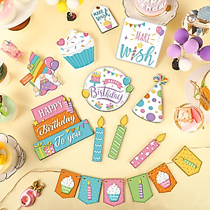 14 Pieces Birthday Tiered Tray Decor Farmhouse Happy Birthday Desk Decorations Wooden Wishes Cupcake Decor Table Sign for Party Supplies